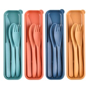 reusable wheat straw cutlery with case, portable dark utensils set for adults, tableware camping cutlery set for 4 people, travel utensils set for kitchens, dishwasher safe