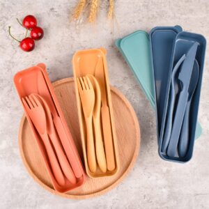 Reusable Wheat Straw Cutlery with Case, Portable Dark Utensils Set for Adults, Tableware Camping Cutlery Set for 4 People, Travel Utensils Set for Kitchens, Dishwasher Safe