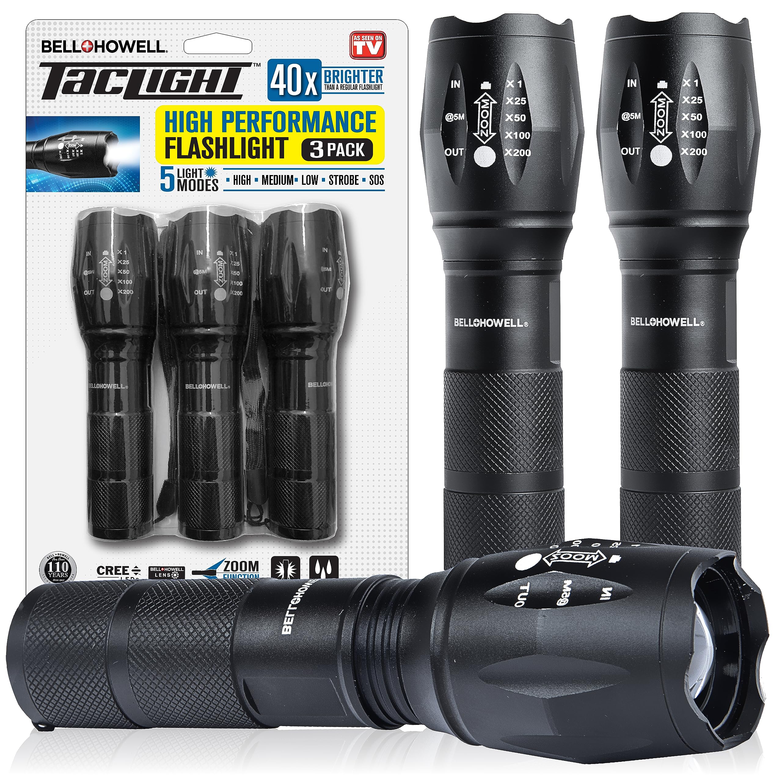 TacLight 3 Pk Tactical Flashlights High Lumens, Super Bright Led Flashlights, Zoomable Heavy Duty Waterproof Flash Lights Battery Powered Small Flashlights for Emergencies/Camping AS SEEN ON TV…