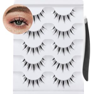 fanxiton natural lashes 14mm manga lashes with clear band 5 pairs japanese lashes makeup short 3d false eyelashes with applicator