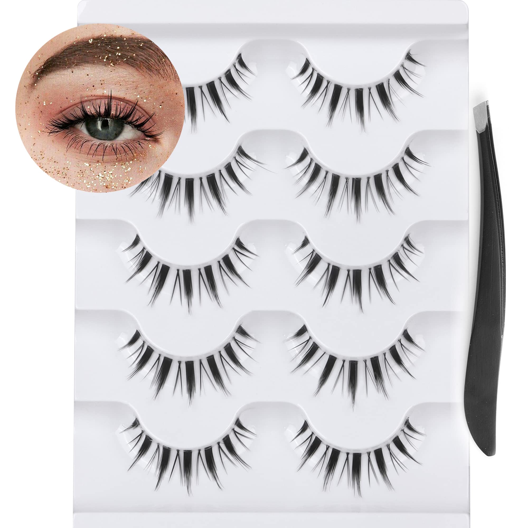 FANXITON Natural Lashes 14MM Manga Lashes with Clear Band 5 Pairs Japanese Lashes Makeup Short 3D False Eyelashes with Applicator