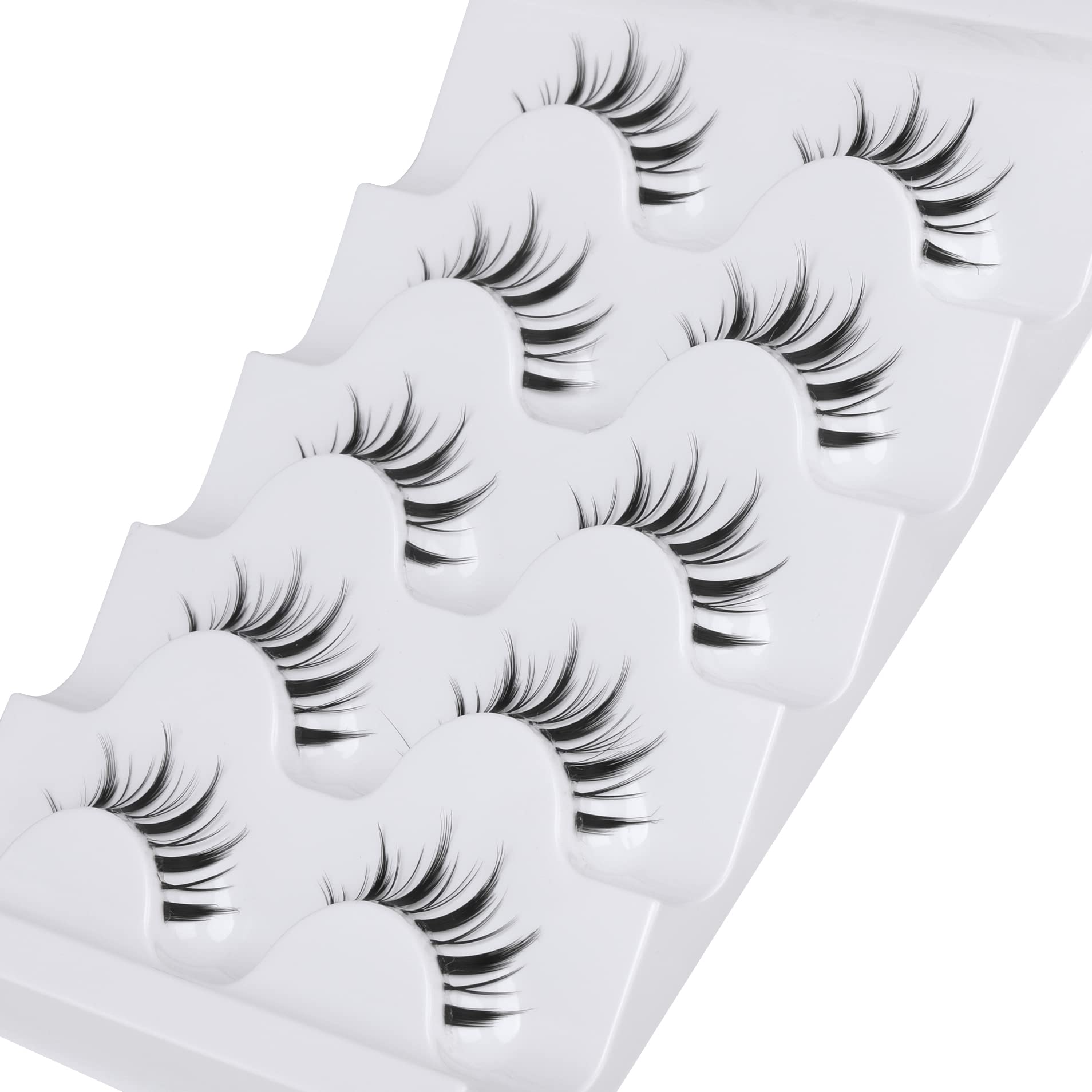 FANXITON Natural Lashes 14MM Manga Lashes with Clear Band 5 Pairs Japanese Lashes Makeup Short 3D False Eyelashes with Applicator