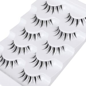 FANXITON Natural Lashes 14MM Manga Lashes with Clear Band 5 Pairs Japanese Lashes Makeup Short 3D False Eyelashes with Applicator