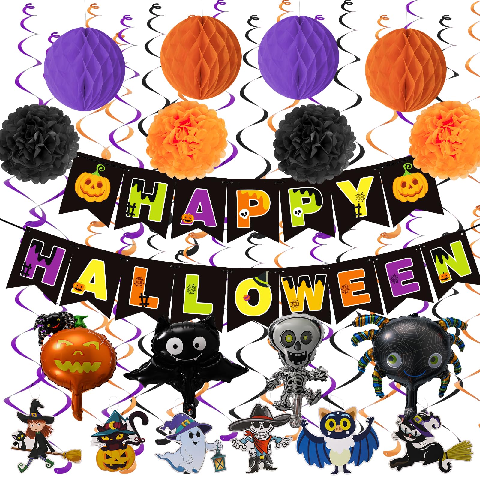 Halloween Birthday Party Decorations Indoor, Halloween Themed Party Supplies with Happy Halloween Banner Hanging Swirl Streamers Halloween Card Paper Flowers Balls Honeycomb Balls Foil Balloons