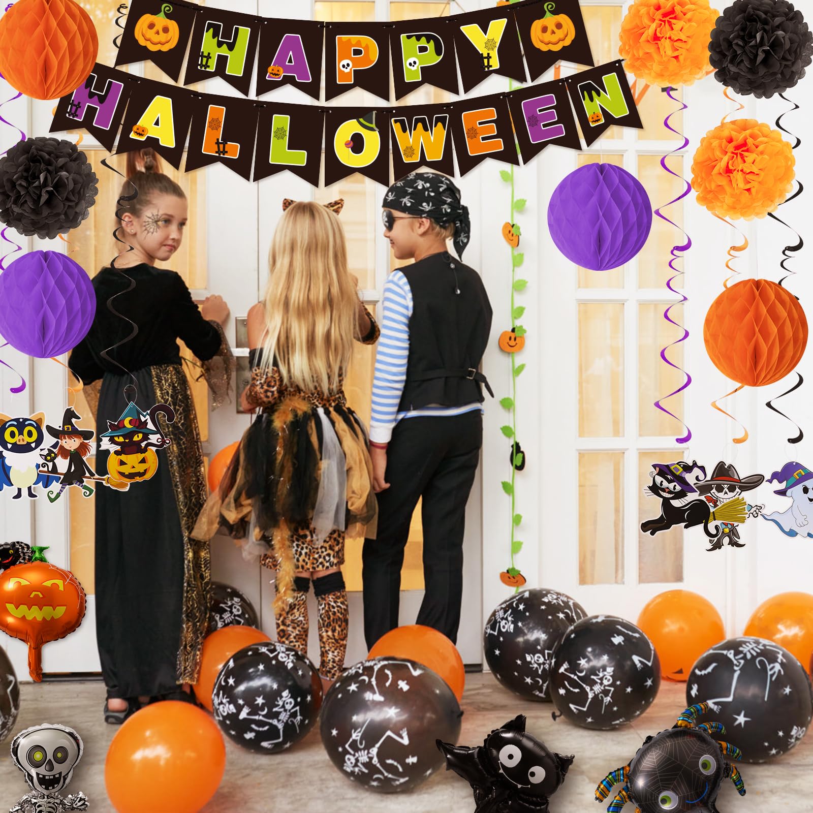 Halloween Birthday Party Decorations Indoor, Halloween Themed Party Supplies with Happy Halloween Banner Hanging Swirl Streamers Halloween Card Paper Flowers Balls Honeycomb Balls Foil Balloons