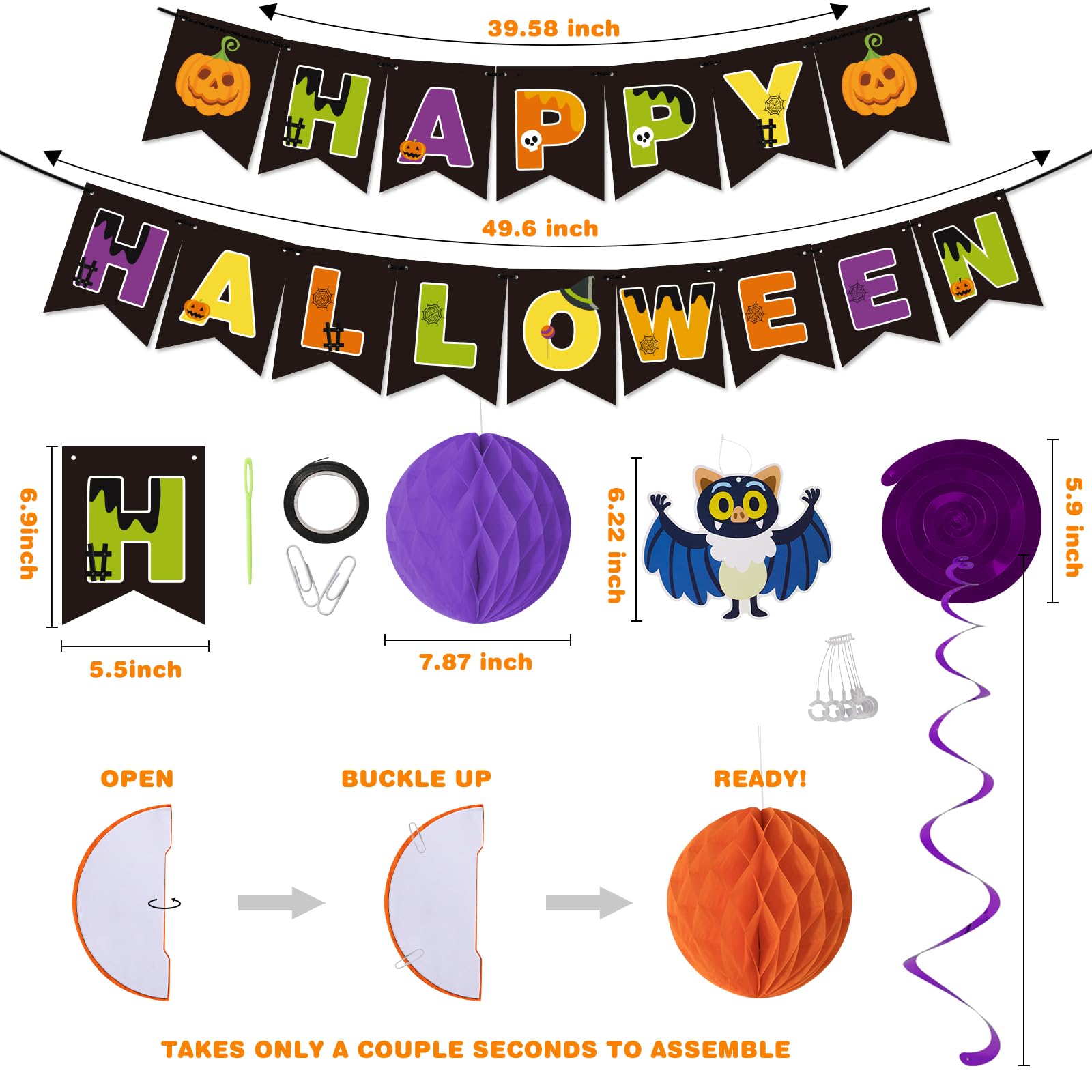 Halloween Birthday Party Decorations Indoor, Halloween Themed Party Supplies with Happy Halloween Banner Hanging Swirl Streamers Halloween Card Paper Flowers Balls Honeycomb Balls Foil Balloons