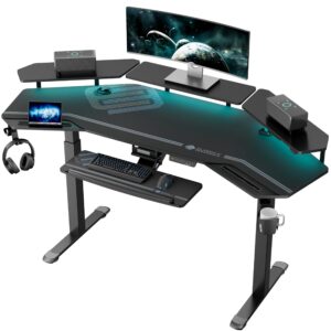 EUREKA ERGONOMIC Gaming Desk, Standing Desk Keyboard Tray, 72" Wing Shaped Music Studio Desk Electric Adjustable Height Desk Sit Stand Desk with LED Shelves, Gaming Recording Live Stream, Slot Design