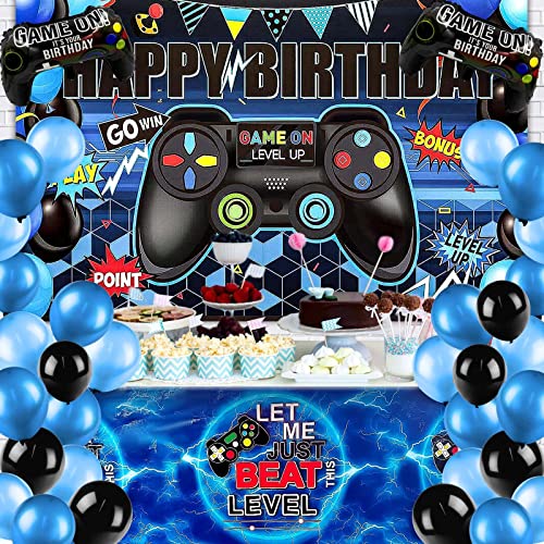 Party Spot! Video Game Party Decorations, Video Game Birthday Decorations For Boys, Gamer Birthday Decorations - Balloon Pump, Video Game Backdrop, Table Covers (Blue and Black)