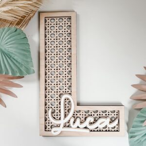 Custom Boho Wood Personalized Initial & Name Sign, 3D Layered Letter Handmade Rattan Wall Decor for Nursery or Child's Bedroom - Baby Shower, Newborn, Girl or Boy's Birthday Gift