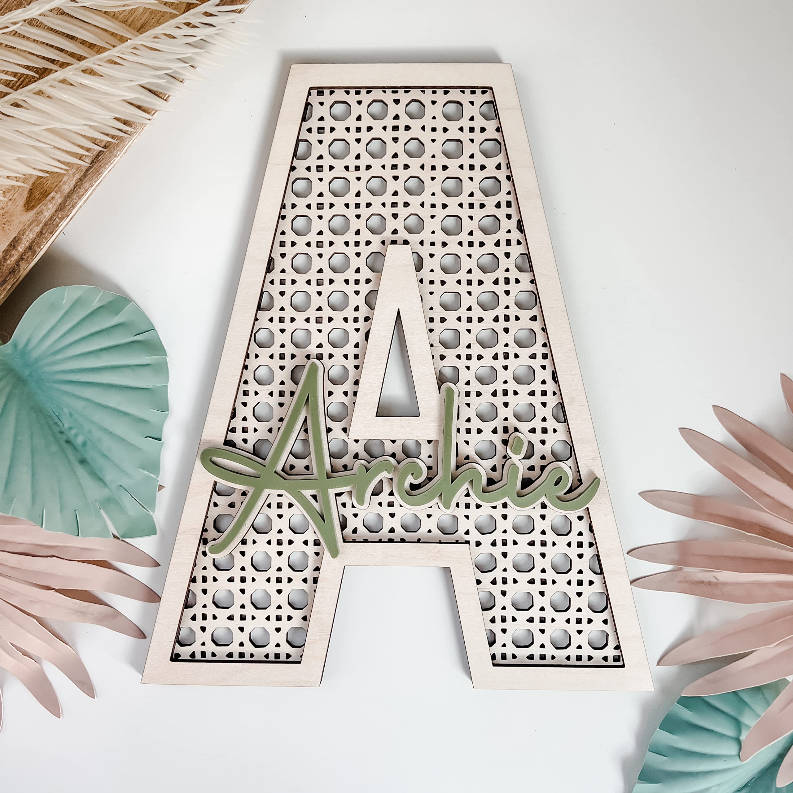 Custom Boho Wood Personalized Initial & Name Sign, 3D Layered Letter Handmade Rattan Wall Decor for Nursery or Child's Bedroom - Baby Shower, Newborn, Girl or Boy's Birthday Gift