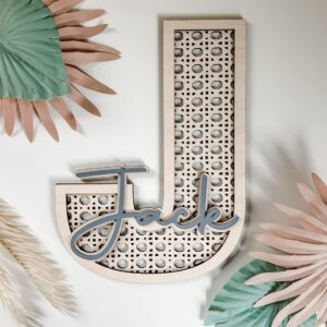 Custom Boho Wood Personalized Initial & Name Sign, 3D Layered Letter Handmade Rattan Wall Decor for Nursery or Child's Bedroom - Baby Shower, Newborn, Girl or Boy's Birthday Gift