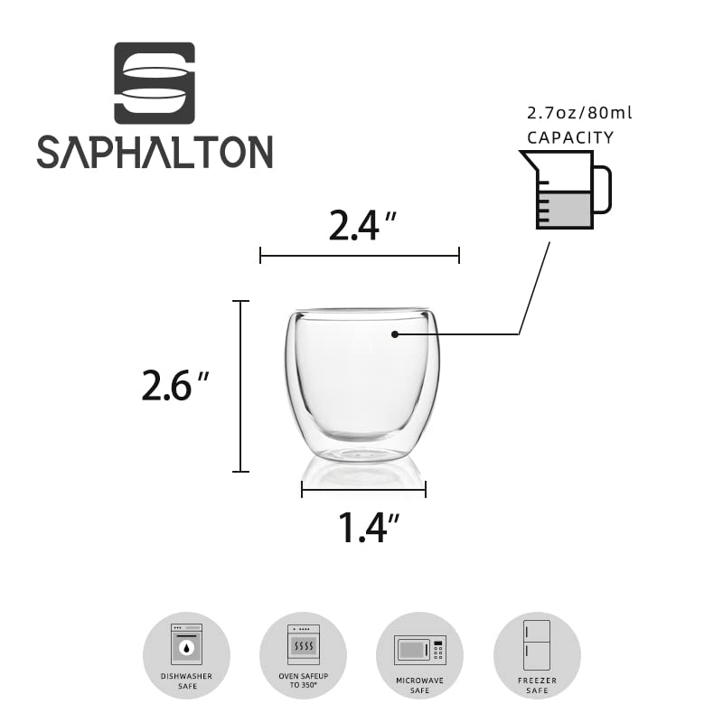 SAPHALTON Double Wall Glass Coffee Mugs without Handle, 2.5 oz /8.5 oz /11.8oz Tea Cups, Clear Glass Drinkware for Espresso，Cappuccino, Latte，Hot Beverages (2.5 OZ)