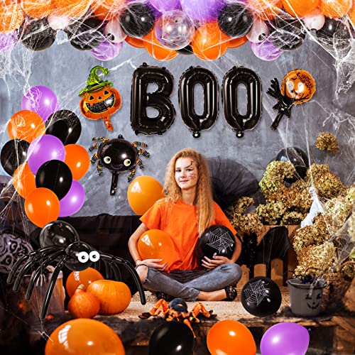 118 Pcs Halloween Balloons Garland Arch Kit, Orange Black Purple Latex Party Balloons Set with Pumpkin Spider Bat Tree Man BOO Foil Balloons and Confetti Balloons for Halloween Party Decorations