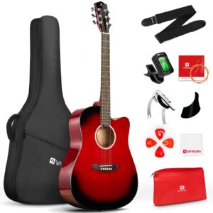 acoustic guitar, cutaway acoustic guitar full size dreadnought acustica guitarra bundle with gig bag for adults teens beginners professionals, red by vangoa…