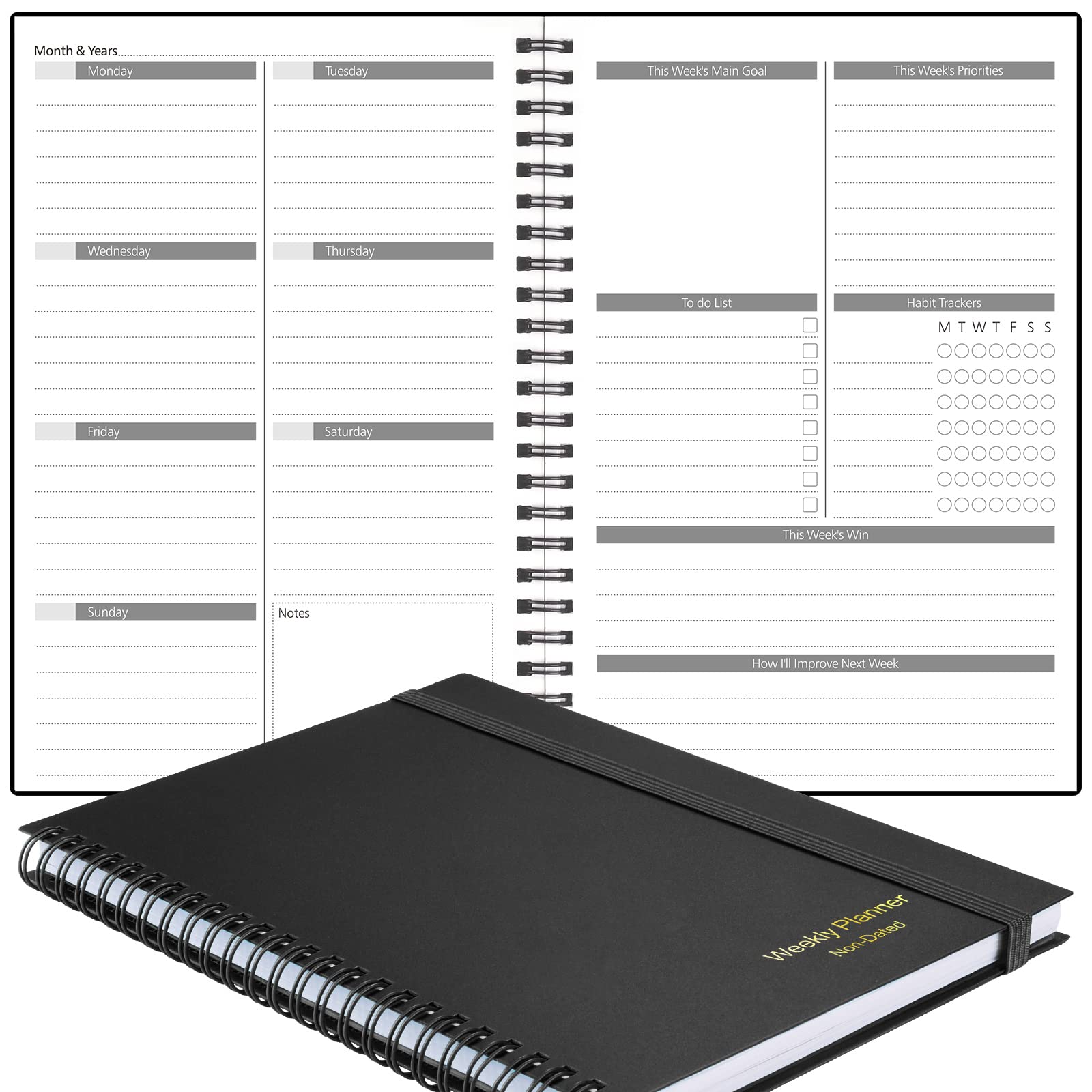 Planner, Asten Undated Weekly Planner Goal Planner Notebook, To Do List Planners Spiral Planner for Men and Women,PVC Hardcover,Elastic Closure, Inner Pocket 8.3" x 5.8" (Black)