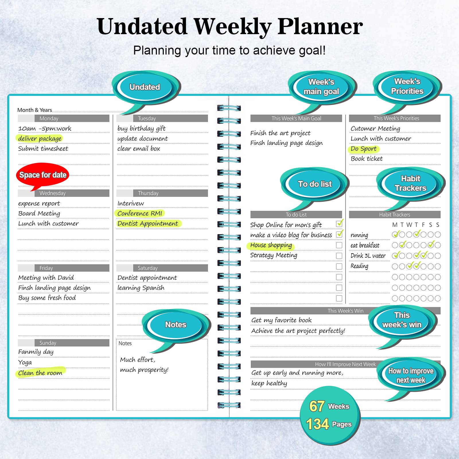 Planner, Asten Undated Weekly Planner Goal Planner Notebook, To Do List Planners Spiral Planner for Men and Women,PVC Hardcover,Elastic Closure, Inner Pocket 8.3" x 5.8" (Black)