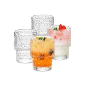 glass cups vintage glassware | set of 4 small, embossed stackable pattern style transparent cocktail glasses set, ice coffee cup juice drinkware, clear, 190ml (s)