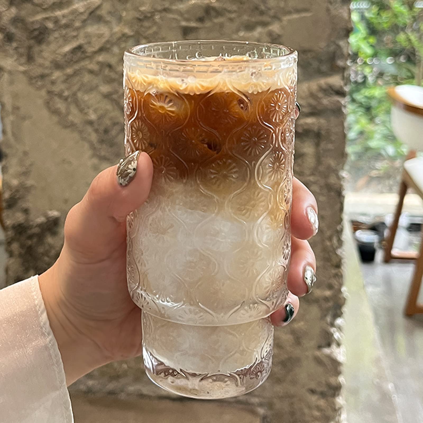 Glass Cups Vintage Glassware | Set of 4 Small, Embossed Stackable Pattern Style Transparent Cocktail Glasses Set, Ice Coffee Cup Juice Drinkware, Clear, 190ml (S)