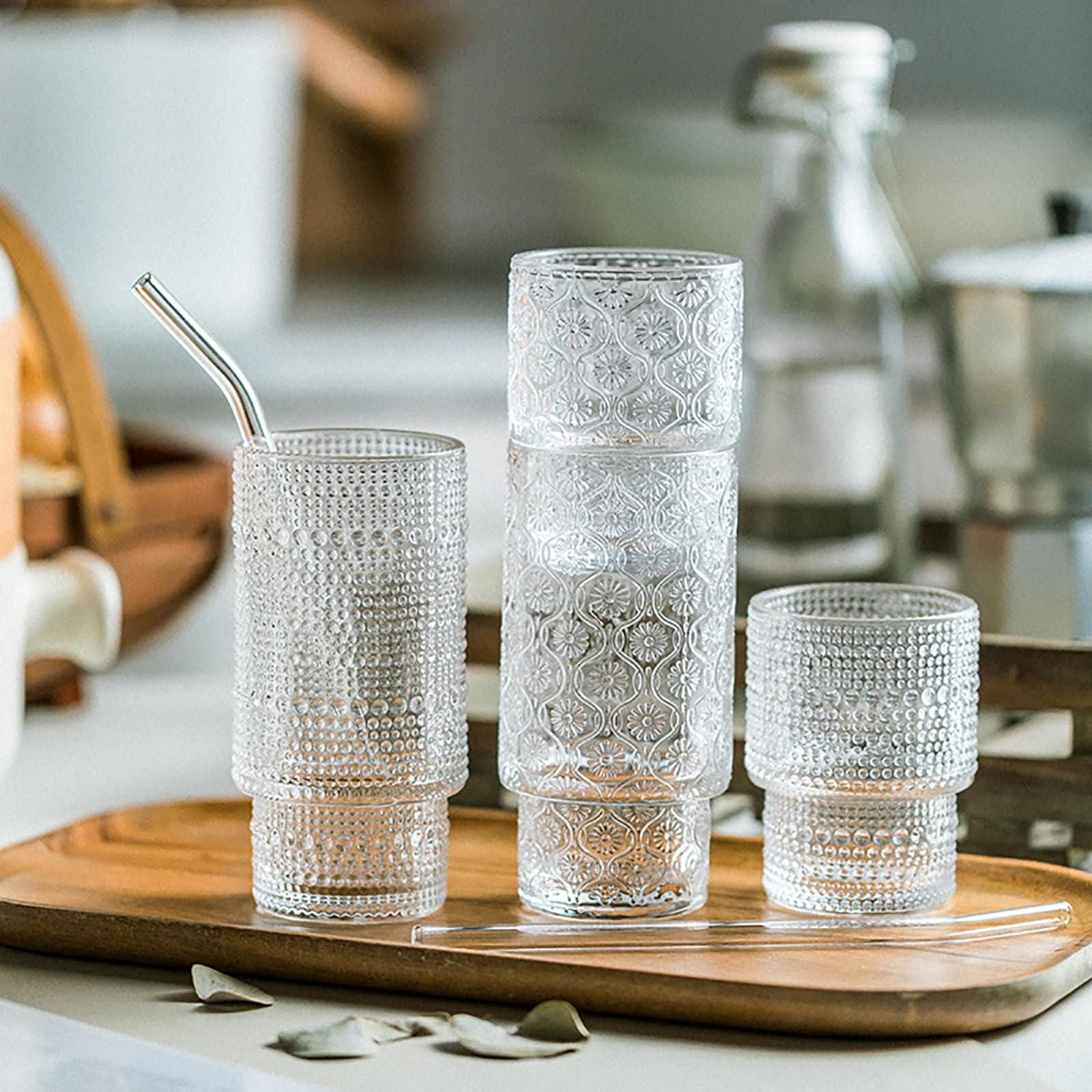 Glass Cups Vintage Glassware | Set of 4 Small, Embossed Stackable Pattern Style Transparent Cocktail Glasses Set, Ice Coffee Cup Juice Drinkware, Clear, 190ml (S)