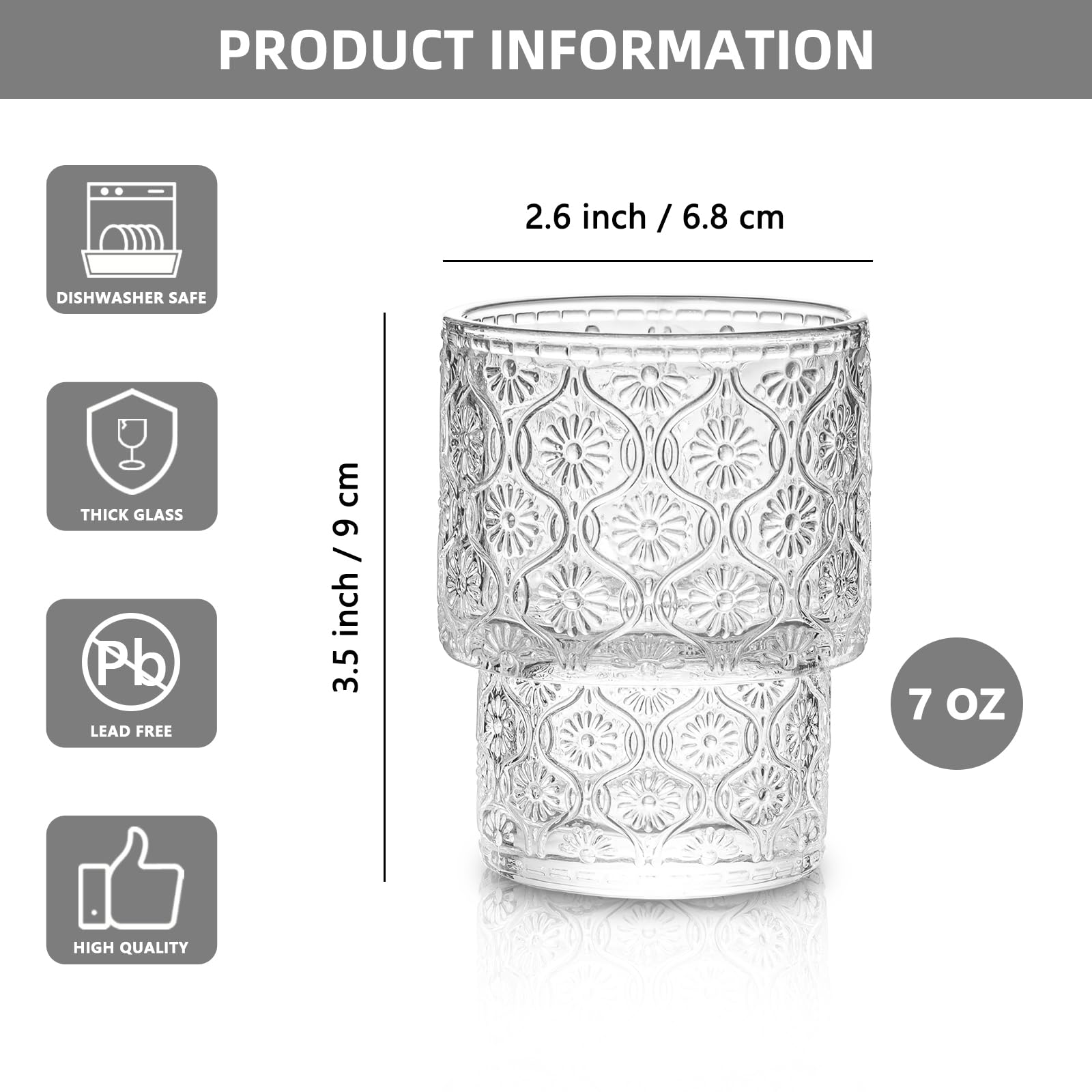 Glass Cups Vintage Glassware | Set of 4 Small, Embossed Stackable Pattern Style Transparent Cocktail Glasses Set, Ice Coffee Cup Juice Drinkware, Clear, 190ml (S)