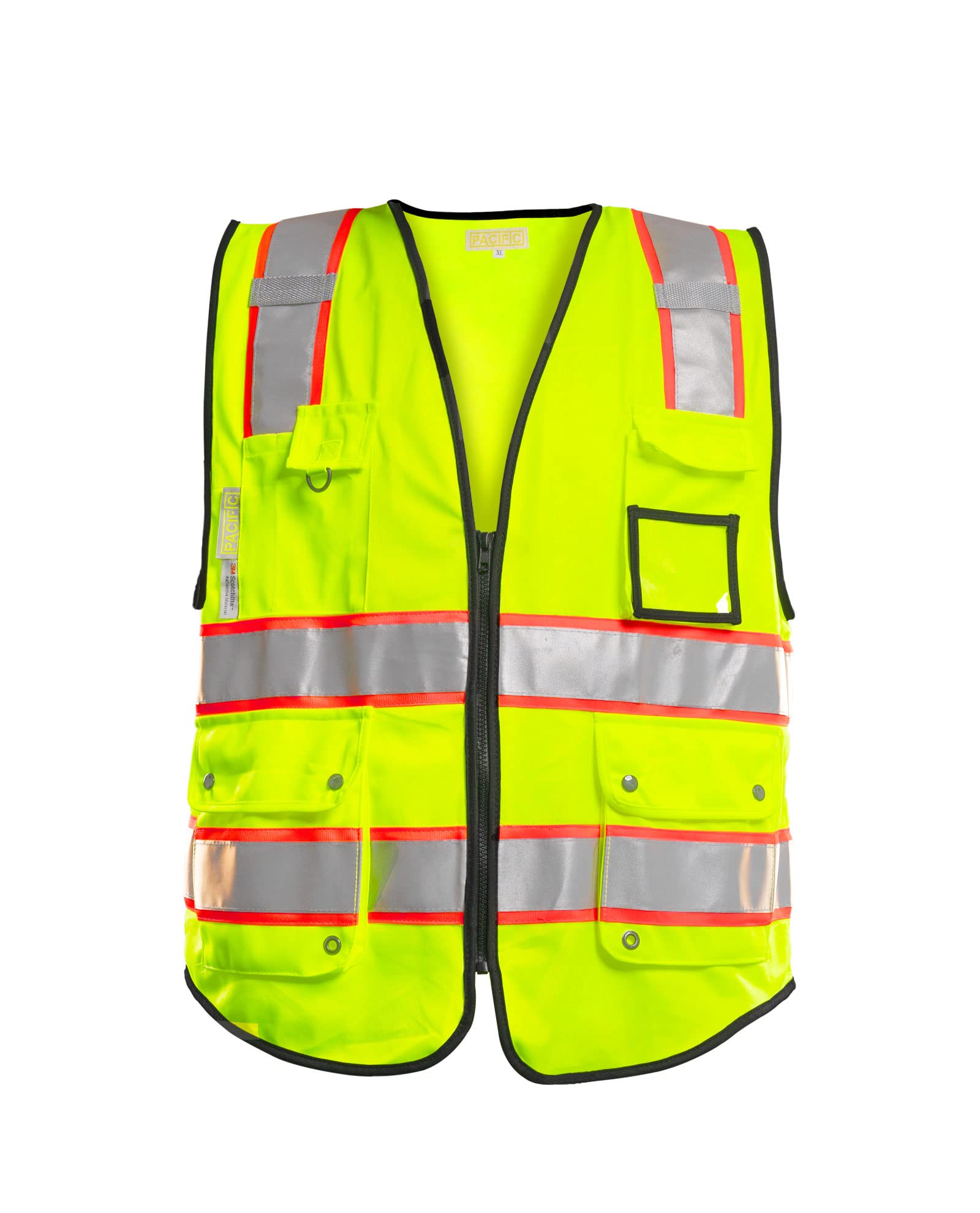 PACIFIC 10 Pockets Safety Vest for Men, 3M High Visibility Reflective Strips with Pockets and Zipper, ANSI Class 2, Yellow, X-Large