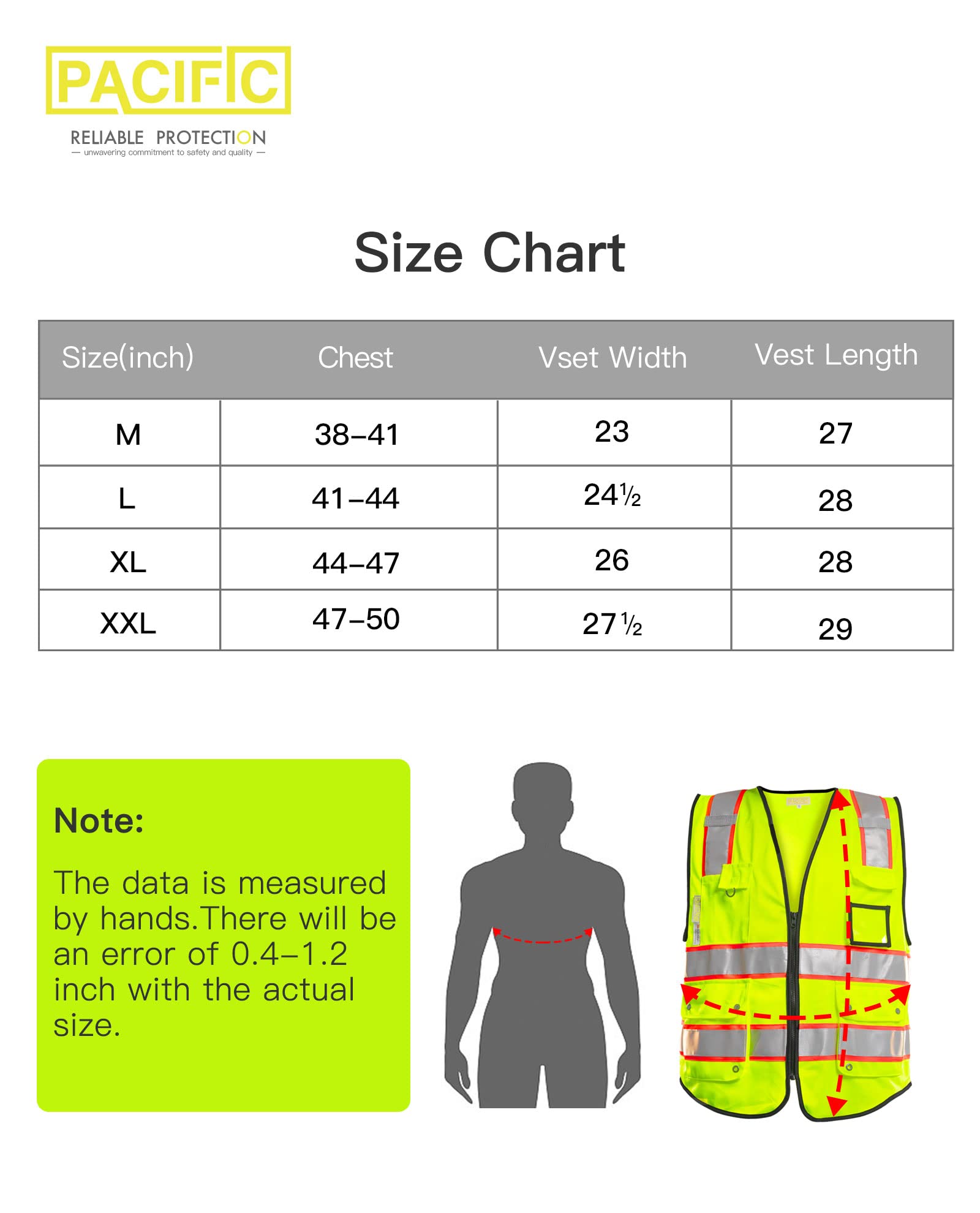 PACIFIC 10 Pockets Safety Vest for Men, 3M High Visibility Reflective Strips with Pockets and Zipper, ANSI Class 2, Yellow, X-Large