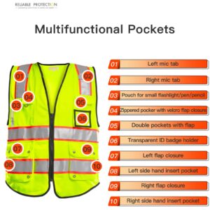 PACIFIC 10 Pockets Safety Vest for Men, 3M High Visibility Reflective Strips with Pockets and Zipper, ANSI Class 2, Yellow, X-Large