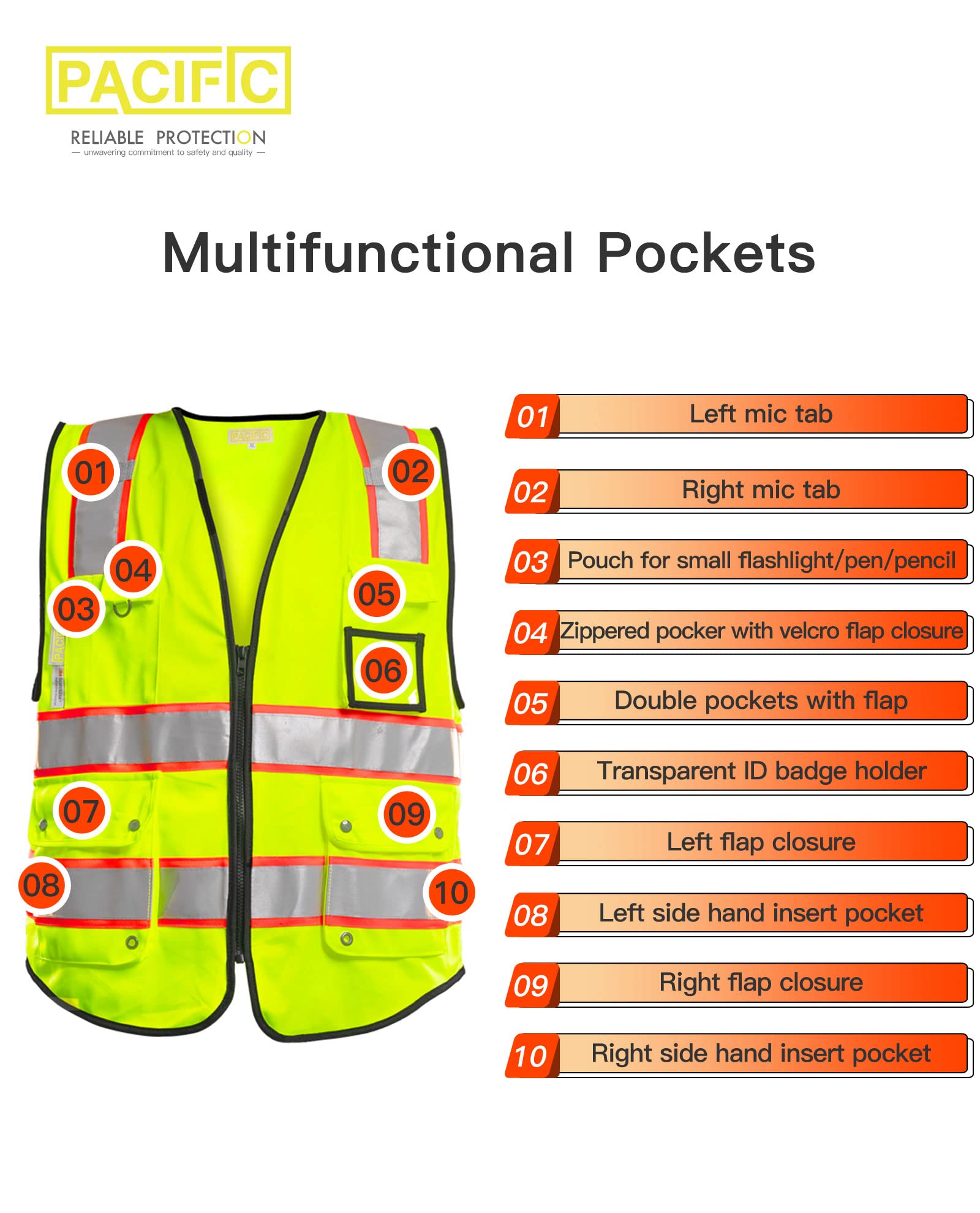 PACIFIC 10 Pockets Safety Vest for Men, 3M High Visibility Reflective Strips with Pockets and Zipper, ANSI Class 2, Yellow, X-Large