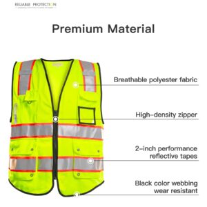 PACIFIC 10 Pockets Safety Vest for Men, 3M High Visibility Reflective Strips with Pockets and Zipper, ANSI Class 2, Yellow, X-Large