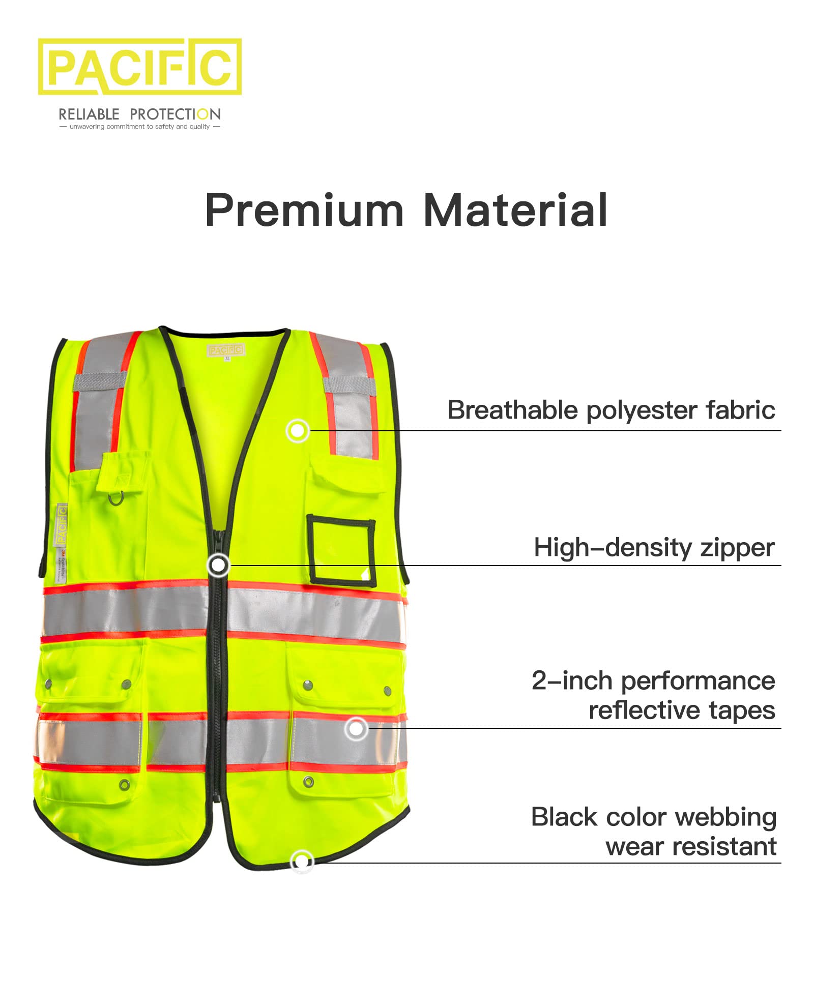 PACIFIC 10 Pockets Safety Vest for Men, 3M High Visibility Reflective Strips with Pockets and Zipper, ANSI Class 2, Yellow, X-Large