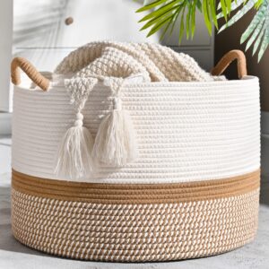 kakamay large blanket basket (20"x13"),woven baskets for storage baby laundry hamper, cotton rope blanket basket for living room, laundry, nursery, pillows, baby toy chest (white/brown)