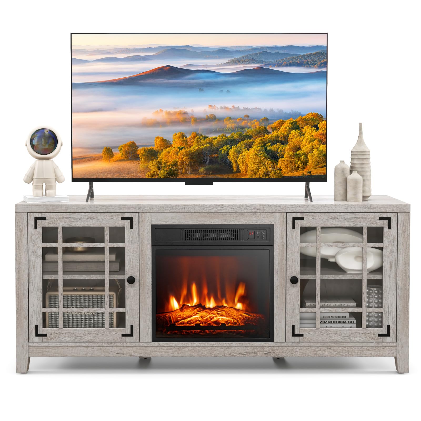 COSTWAY Electric Fireplace TV Stand for TVs up to 65-inch, 18-inch Fireplace Entertainment Center with Remote Control, Thermostat, TV Console with Adjustable Shelves for Living Room Bedroom, Natural