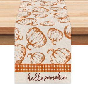 arkeny fall thanksgiving table runner 13x72 inches,orange hello pumpkin, seasonal burlap farmhouse indoor autumn table runner for home at258-72