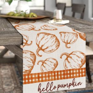 ARKENY Fall Thanksgiving Table Runner 13x72 Inches,Orange Hello Pumpkin, Seasonal Burlap Farmhouse Indoor Autumn Table Runner for Home AT258-72