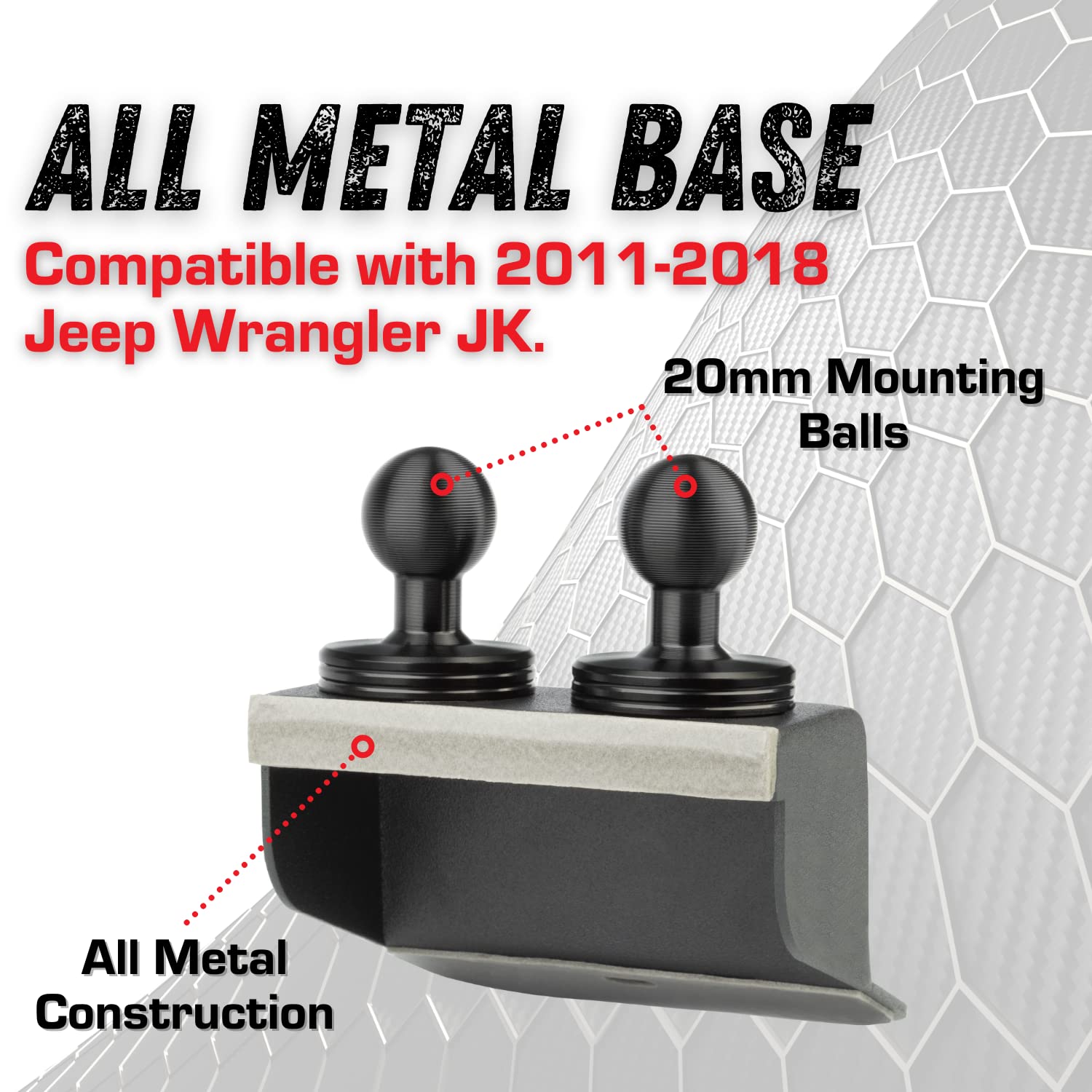 Bulletpoint Dash Mount Cell Phone Holder Compatible with 2011-2018 Jeep Wrangler JK JKU 20mm Ball Mount (Dual Ball Metal Base with Phone Holder + Action Camera Mount)