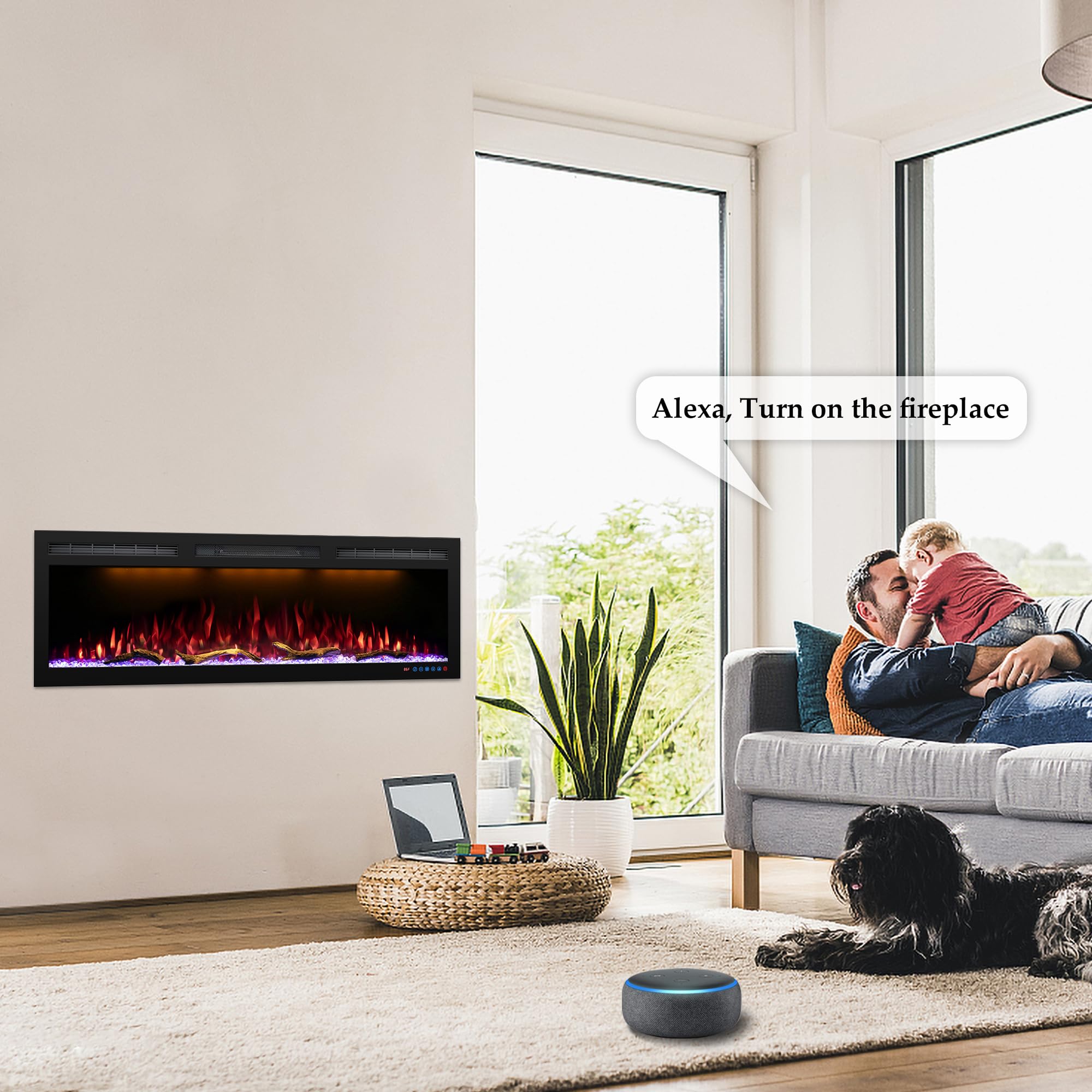 Dreamflame 50" WiFi-Enabled Electric Fireplace, Smart Control via Alexa or App, Recessed & Wall Mounted Fireplace Heater with Thermostat, Slim Frame, Multi-Color Combinations, Black