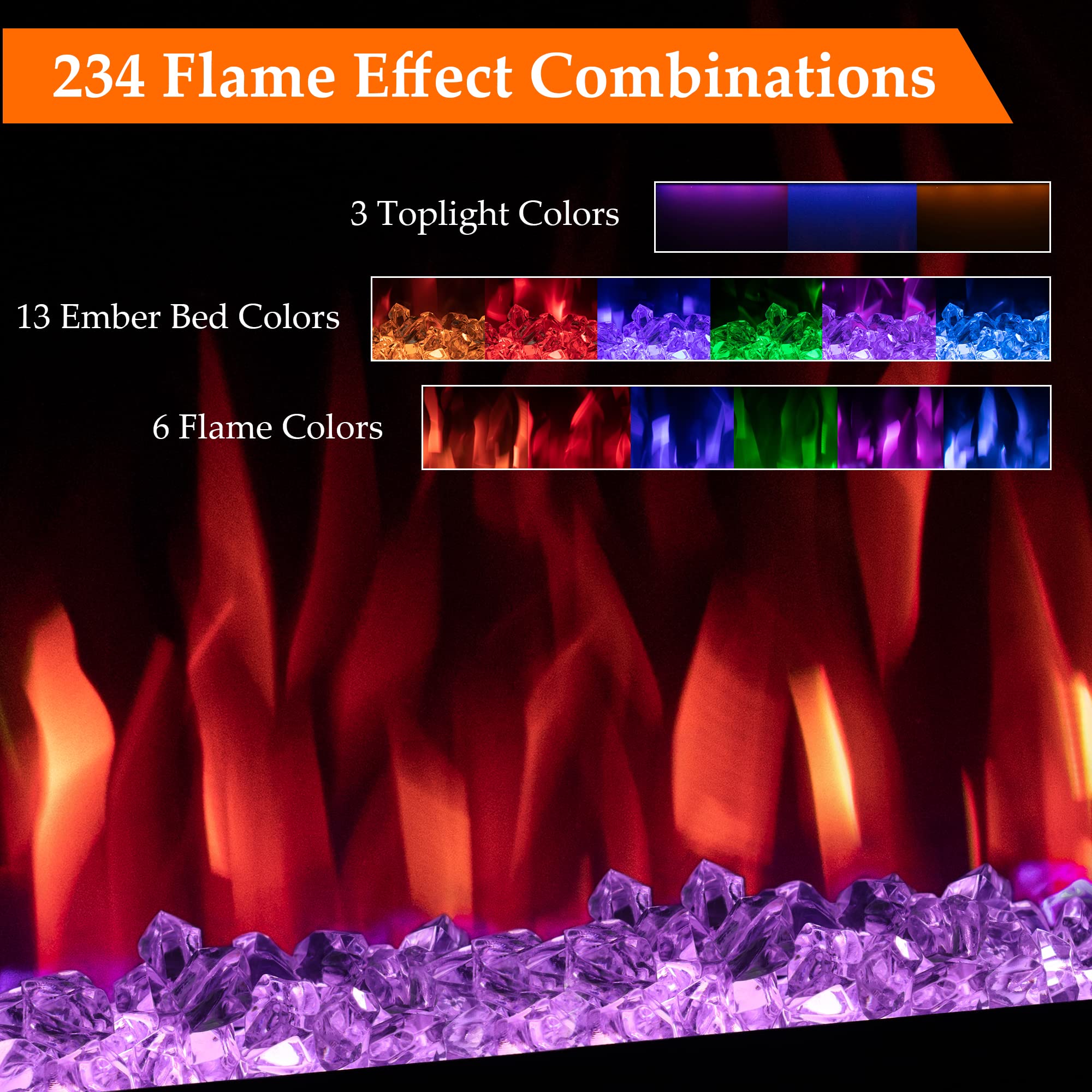 Dreamflame 50" WiFi-Enabled Electric Fireplace, Smart Control via Alexa or App, Recessed & Wall Mounted Fireplace Heater with Thermostat, Slim Frame, Multi-Color Combinations, Black