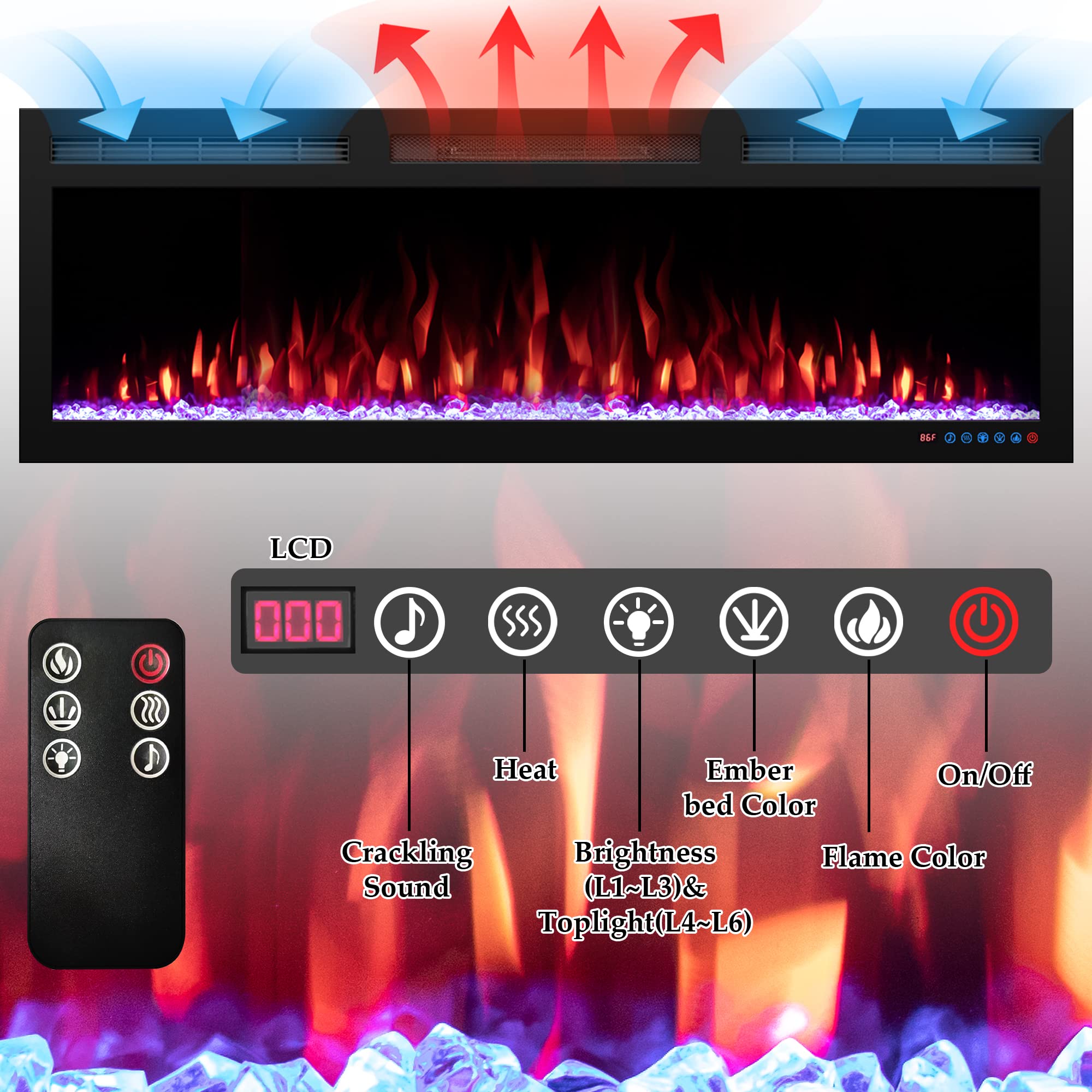 Dreamflame 50" WiFi-Enabled Electric Fireplace, Smart Control via Alexa or App, Recessed & Wall Mounted Fireplace Heater with Thermostat, Slim Frame, Multi-Color Combinations, Black