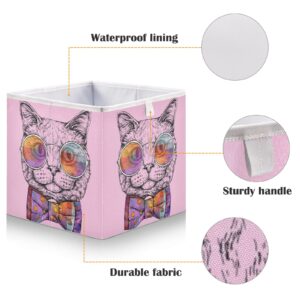 Emelivor Cat Pink Portrait Cube Storage Bin Collapsible Storage Bins Waterproof Toy Basket for Cube Organizer Bins for Kids Nursery Book Bathroom Closet Girls Boys - 11.02x11.02x11.02 IN