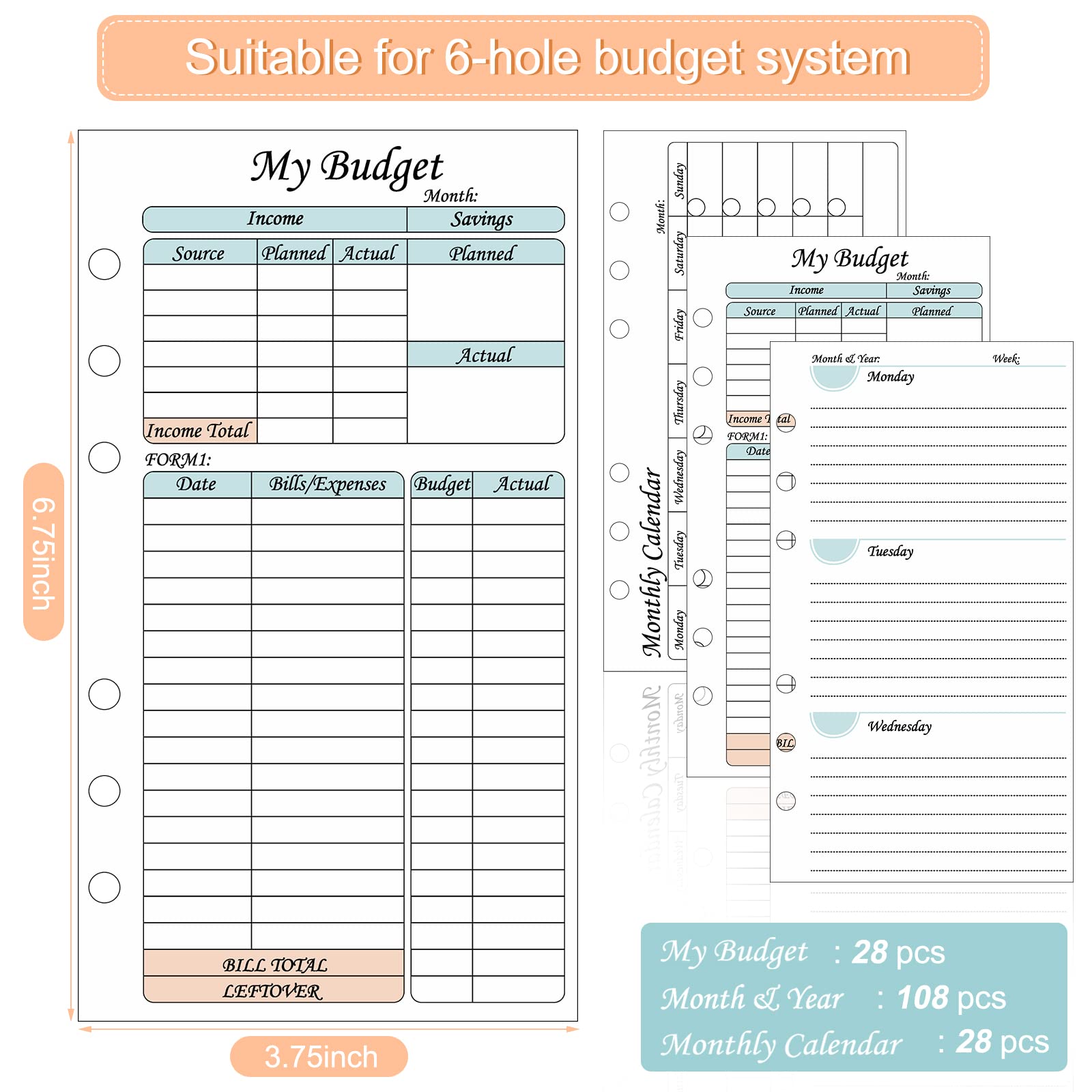 164 Sheets 6 Hole Budget System Refill 37.4 x 66.93 Inch Classic Weekly Monthly A6 Planner Inserts Personal Double Sided 6 Ring Planner Refill for Binder Cover Budgeting Envelope Wallet Bill Saving