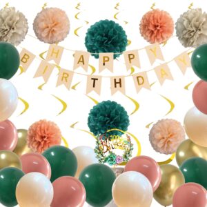 birthday decorations for women girls with emerald green dusty rose pink balloons rustic banner and happy birthday floral cake topper(green +peach)