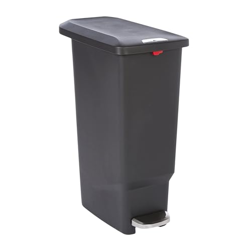 Amazon Basics Narrow Kitchen Plastic Rectangular Trash Can with Steel Pedal, Black, 40 Liters