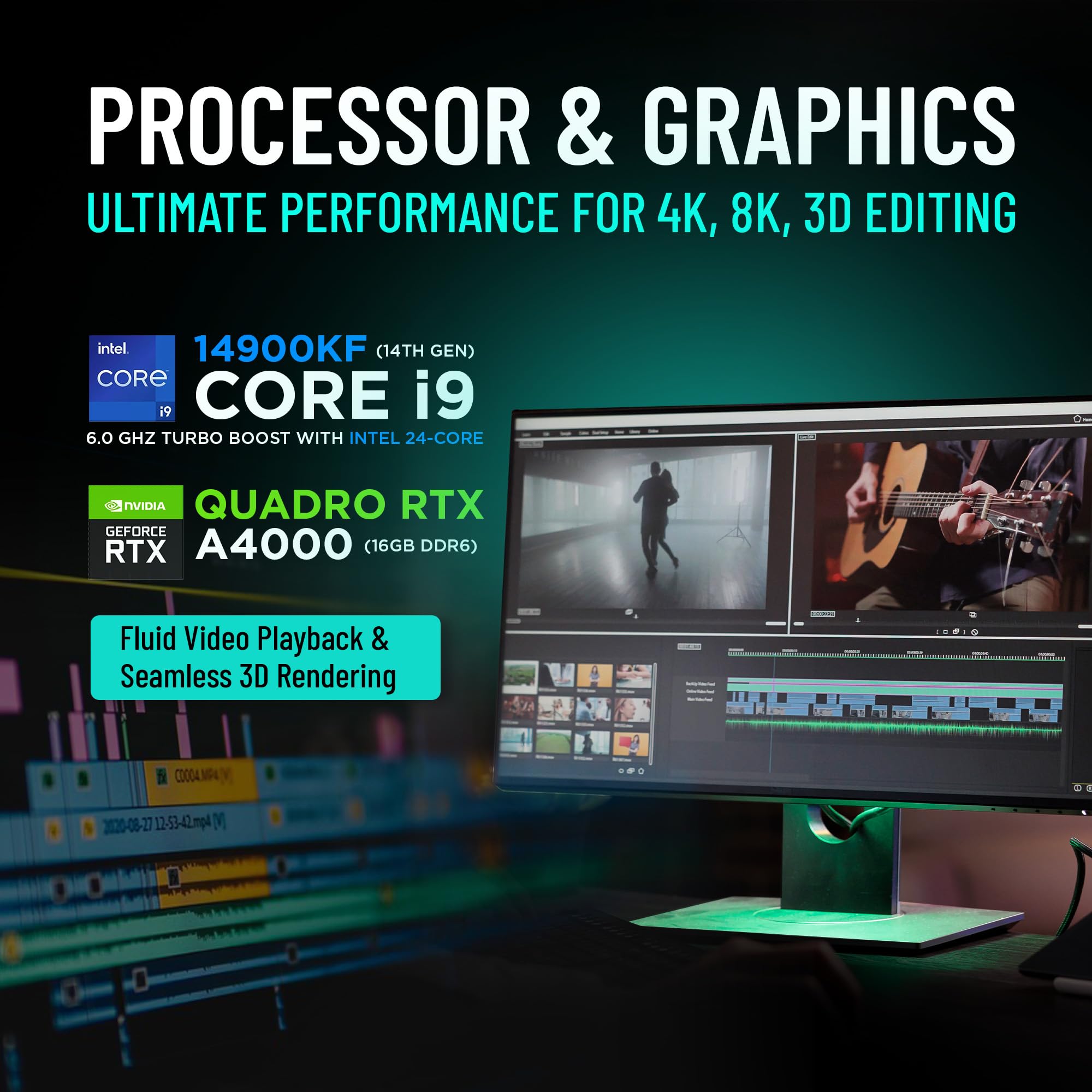 CPU Solutions VidCore Editing PC. HD 4K, 8K, 3D Modeling Computer Video Workstation i9-14900KF, 6.0GHz 24-Core, 2TB NVMe SSD, Quadro RTX A4000, Win 11 Pro (CEV-8530-RTX A4000 w/16GB 128GB DDR4)