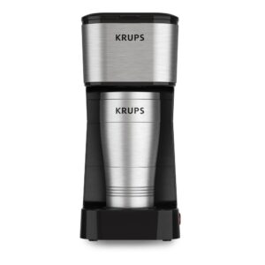 krups simply brew stainless steel single serve drip coffee maker and travel tumbler 14 ounce stainless steel tumbler included 650 watts coffee filter, compact silver and black