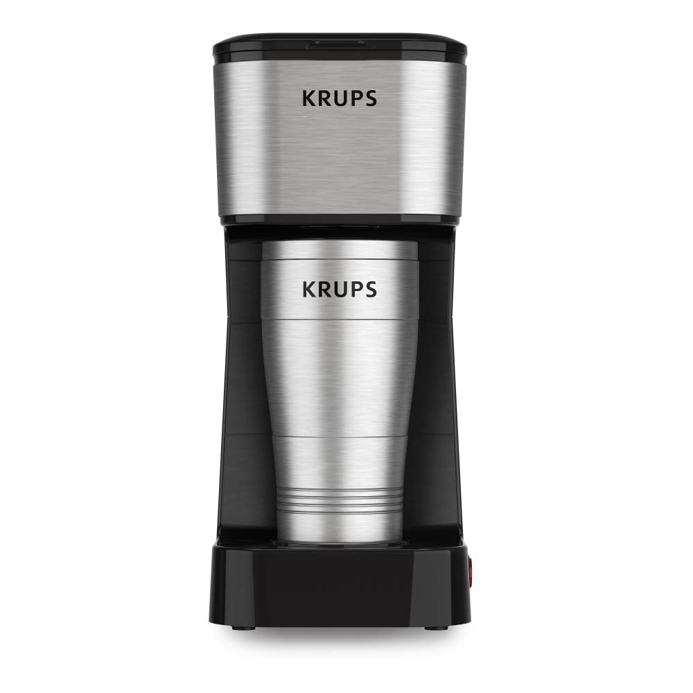 Krups Simply Brew Stainless Steel Single Serve Drip Coffee Maker and Travel Tumbler 14 Ounce Stainless Steel Tumbler Included 650 Watts Coffee Filter, Compact Silver and Black