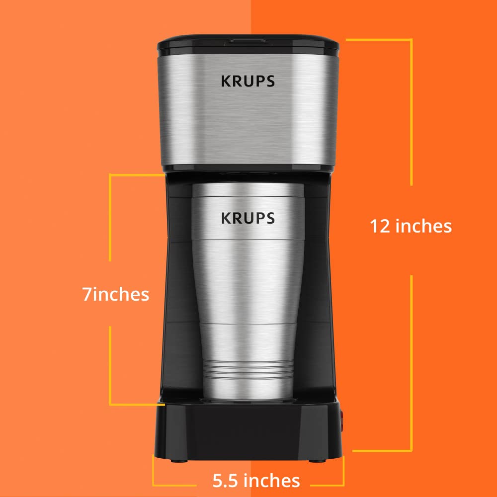 Krups Simply Brew Stainless Steel Single Serve Drip Coffee Maker and Travel Tumbler 14 Ounce Stainless Steel Tumbler Included 650 Watts Coffee Filter, Compact Silver and Black