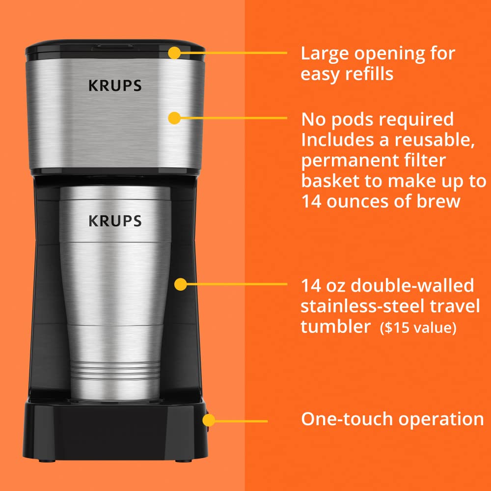 Krups Simply Brew Stainless Steel Single Serve Drip Coffee Maker and Travel Tumbler 14 Ounce Stainless Steel Tumbler Included 650 Watts Coffee Filter, Compact Silver and Black