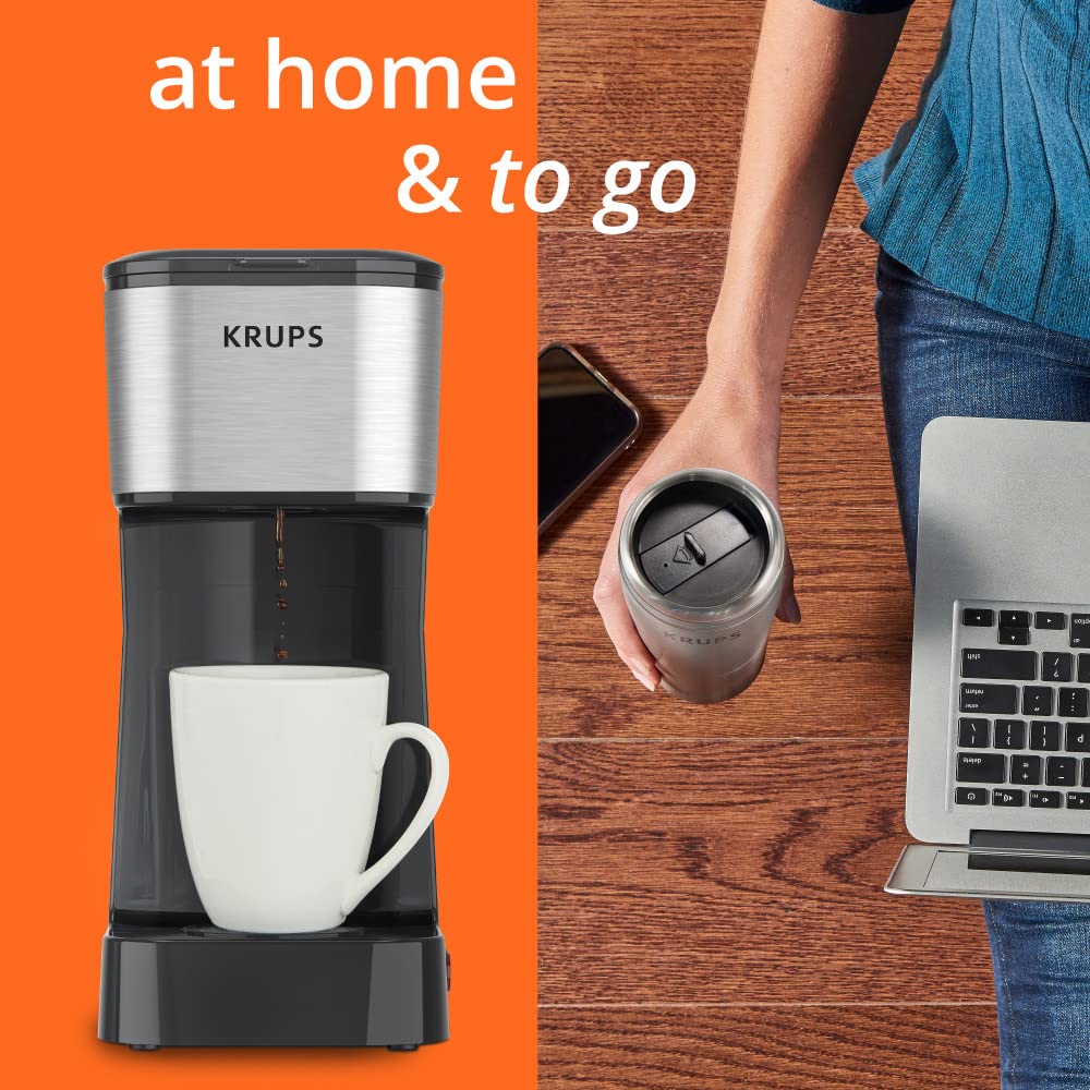 Krups Simply Brew Stainless Steel Single Serve Drip Coffee Maker and Travel Tumbler 14 Ounce Stainless Steel Tumbler Included 650 Watts Coffee Filter, Compact Silver and Black