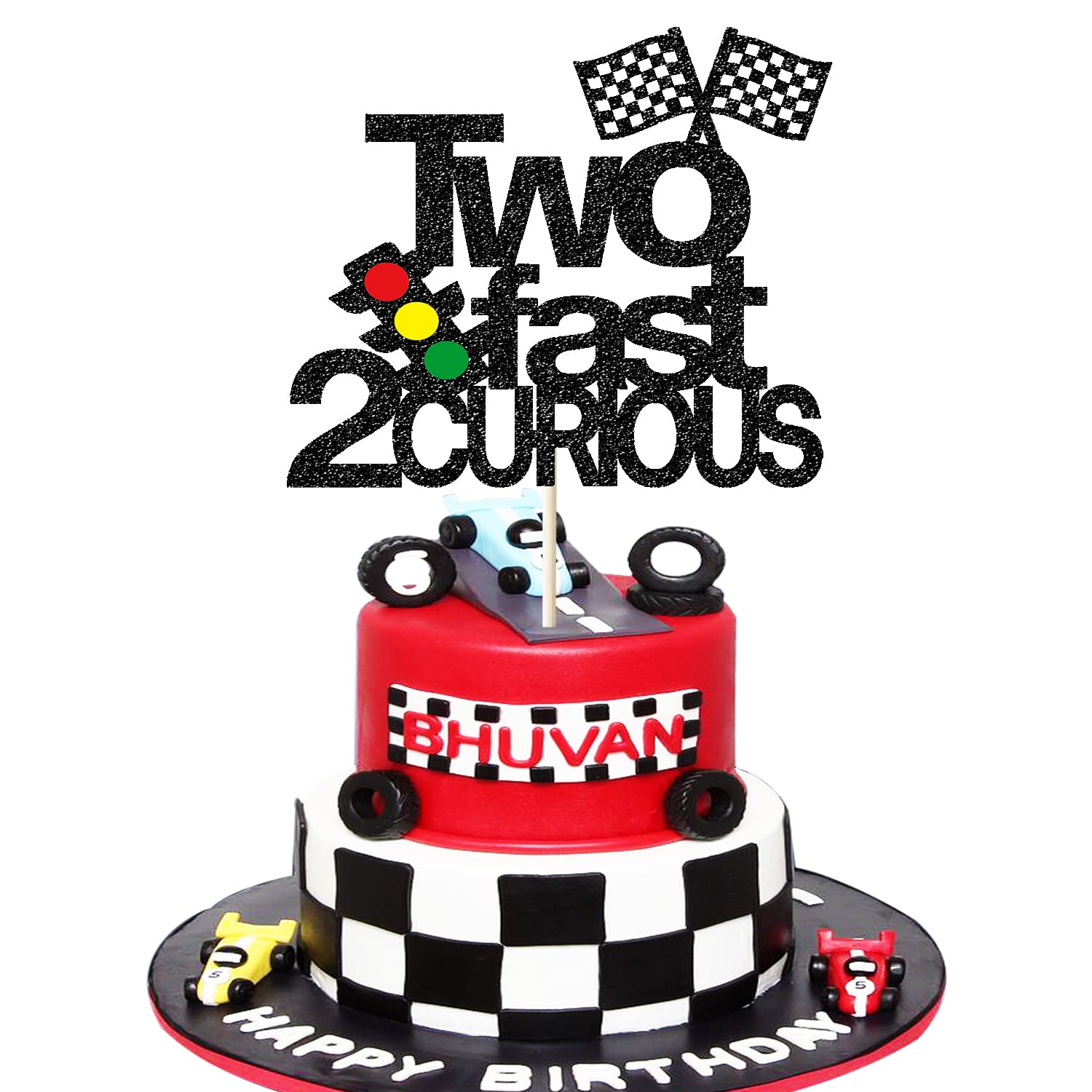 Two Fast Cake Topper Two Fast 2 Curious Racing 2nd Birthday Cake Topper Glitter Second Birthday cake topper for Boys Girls 2nd Bday Racing Themed Car Birthday Decoration Party Supplies