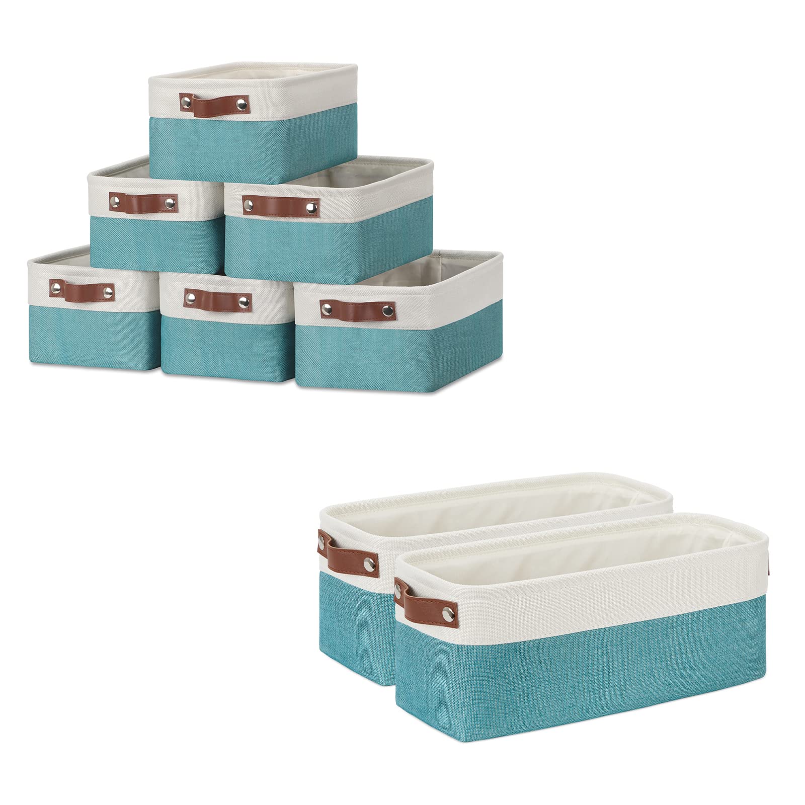 DULLEMELO Collapsible Bundle Baskets 6 Small Baskets 11.8"x7.9"x5.1" + 2 Narrow Baskets 15"x6"x5.5"（White&Teal)